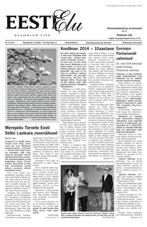 Eesti Elu Nr. 16 - 17. aprill 2014 - Eesti Elu