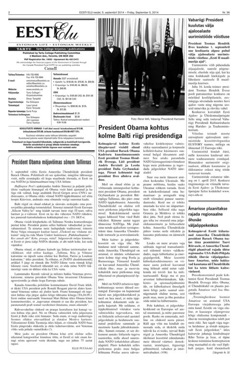 Eesti Elu Nr. 36 - 5. september 2014 - Eesti Elu