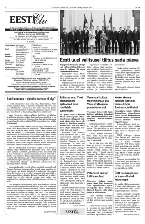 Eesti Elu Nr. 28 - 17. juuli 2015 - Eesti Elu